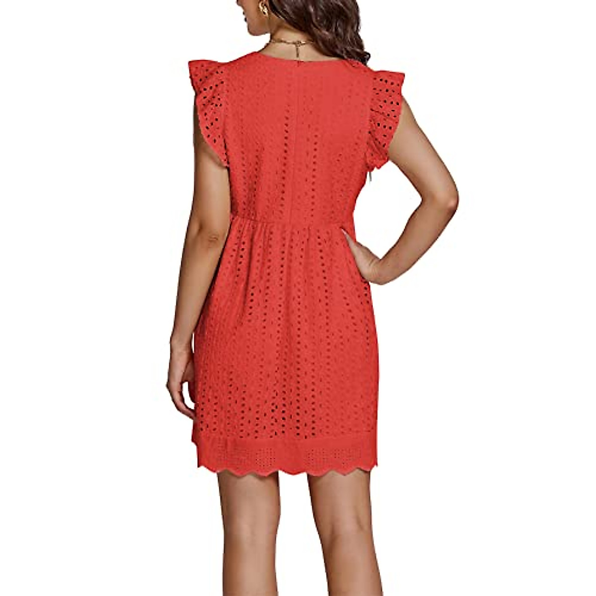 LYANER Women's Elegant Eyelet V Neck Ruffle Cap Sleeve Tank Babydoll A Line Mini Dress Red Medium