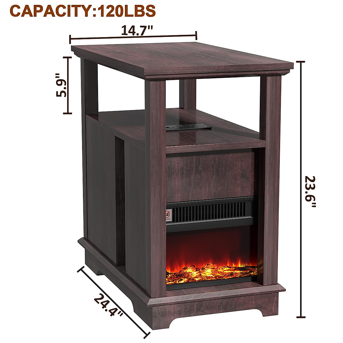 FAGAGA 1400W Electric Fireplace Heater, 3D Infrared Fireplace Table with Wheels and Charging Station, Safety Certified, Overheating Safety Protection (Espresso)