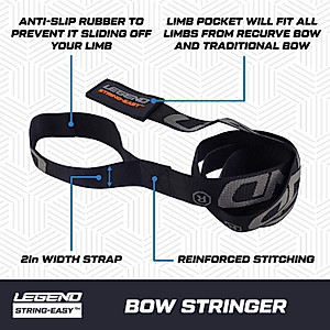 Legend String-Easy Bow Stringer - Archery Stringer for Longbows & Recurve Bows - Limb Tool with High Density, Durable Nylon - Non-Slip, Anti-Twist Bow String Tool - Bow Destringer Accessories - Black
