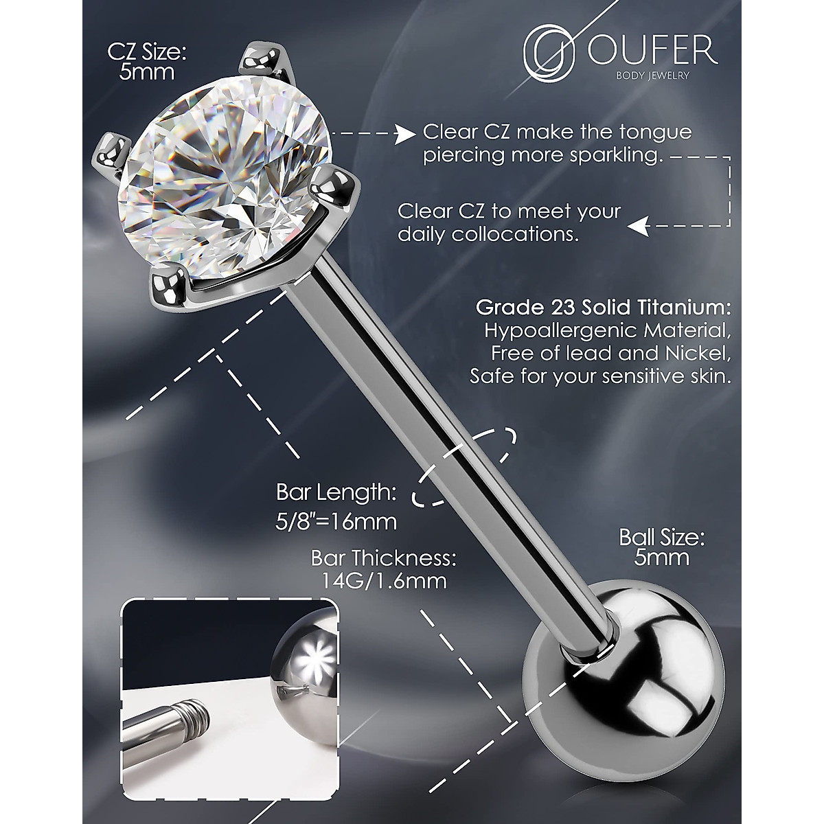 OUFER 14G Tongue Rings, Shiny Clear CZ Tongue Barbells, G23 Solid Titanium Tongue Piercing Jewelry, Nickel-free Tongue Ring for Women Men