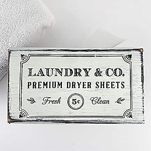 Adore Galore Decor Dryer Sheet Dispenser – Neat Wood Dryer Sheet Holder for Fabric Softener Sheets with Metal Dispensing Push Plate and 2 Laundry Signs - Farmhouse Laundry Room Decor (Ivory)