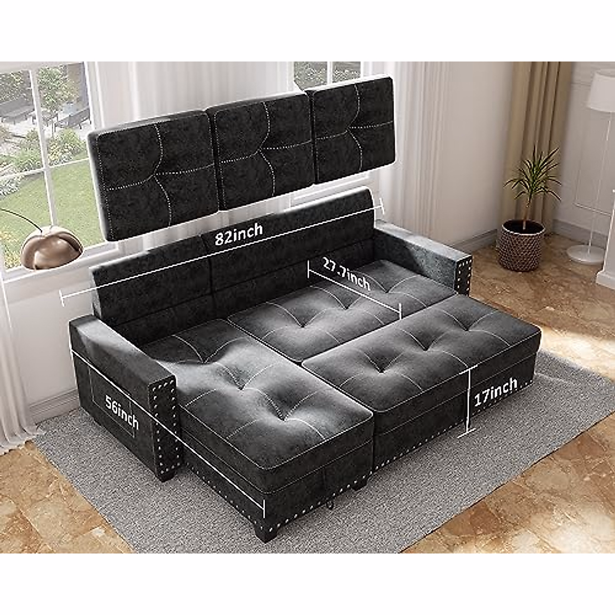 Ucloveria Reversible Sectional Sofa Couch, Sleeper Sofa Bed with Storage Chaise Pull Out Couch Bed for Living Room L-Shape Lounge 2 in 1 Sectional Couch with Pull Out Bed Black