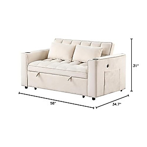 FULife 58" Convertible Sofa Couch with Pull-Out Sleeper,Adjustable Loveseat Armchair Single Bed Chair with Cup Holder,USB Port,Side Pocket&Pillows for Living Room/Apartment/Office/Studio/Small Place
