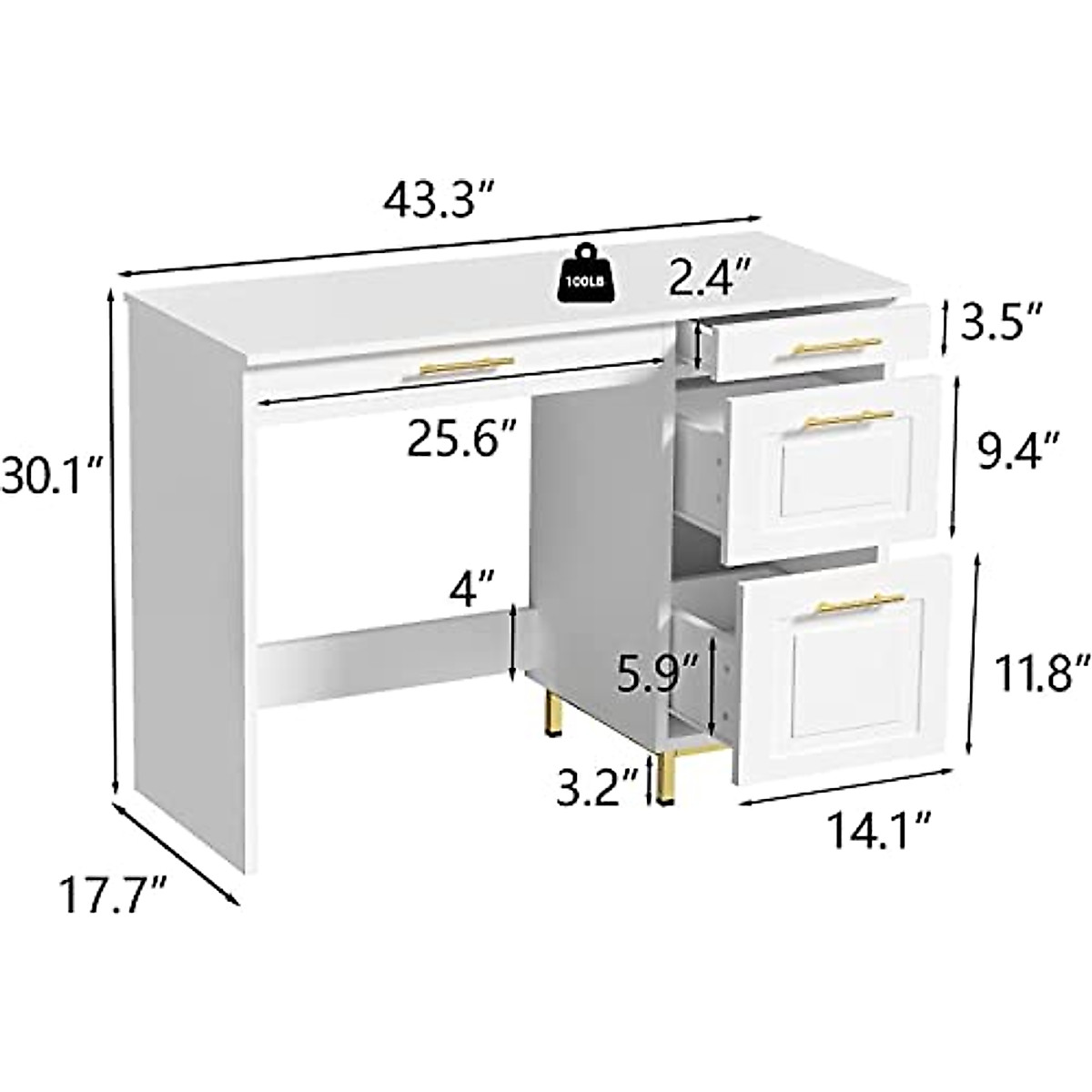 HOMBCK White Desk with Drawers, Modern White and Gold Desk with Drawers, Home Office Desk Small Computer Desk for Bedroom, Vanity Desk with 4 Drawers & Spacious Desktop, White/Gold