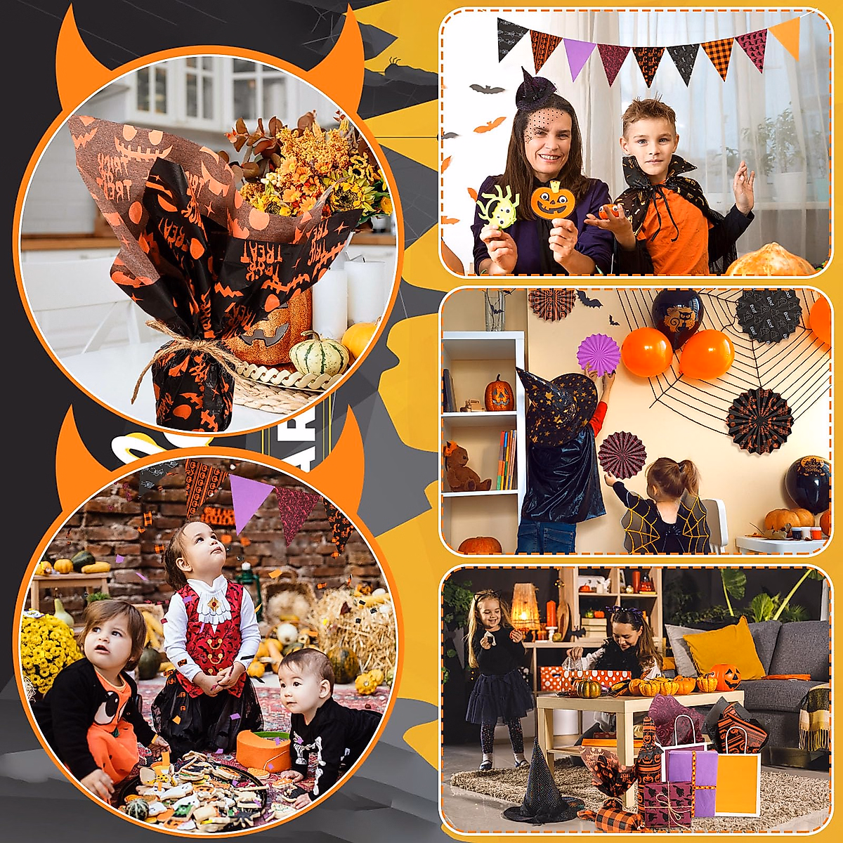 SANNIX 100 Sheets Halloween Tissue Paper Black Orange Wrapping Paper with Cobweb Bat Ghost Pumpkin Pattern for Halloween DIY Crafts Fall Holiday Decoration Gift Packing 19.7 ×13.8 Inch (10 Patterns)