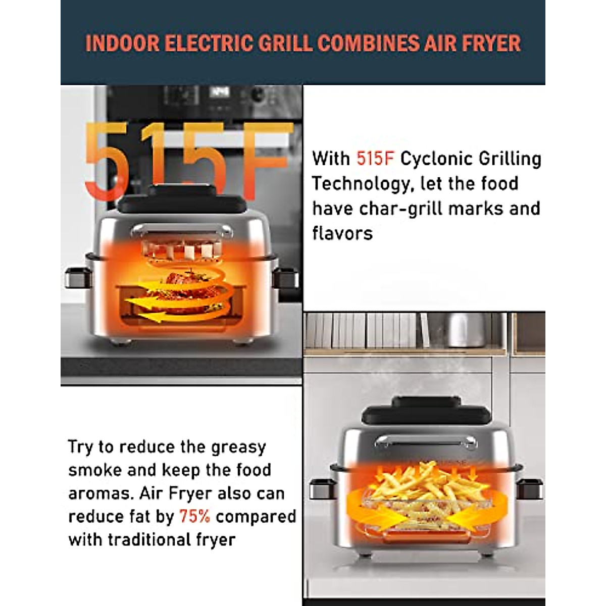 Grill and Air Fryer Combo, CATTLEMAN CUISINE 10-in-1 Indoor Electric Grill, Stainless Steel Air Fryer Grill with Air Grill, Air Fryer, Roast, Bake, Dehydrate, Beef & Fries, 6.5QT, Silver