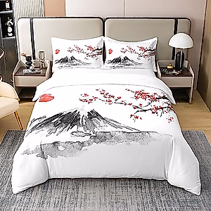 jejeloiu Japanese Style Cotton Duvet Cover Set King Set Exotic Fuji Mountain Printed Bedding Set Girls Women Men Cherry Blossom Comforter Cover Soft Cotton Soft Red Floral Bedspread Cover with Ties