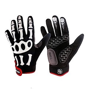 Runspeed Cycling Gloves Skull Bone Skeleton Motorcycle Mountain Bike Road Racing Bicycle Shockproof Gel Pad Riding Touch Recognition Full Finger Men Women Work Glove (Black/White, Large)