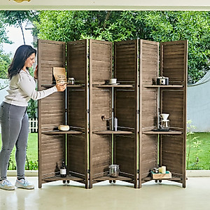 Partition Room Dividers, Folding Wood Privacy Screen with Three Display Shelves Suitable for Home Office, Study, Art Display - 6 Panel, 67 * 77inch (Brown)