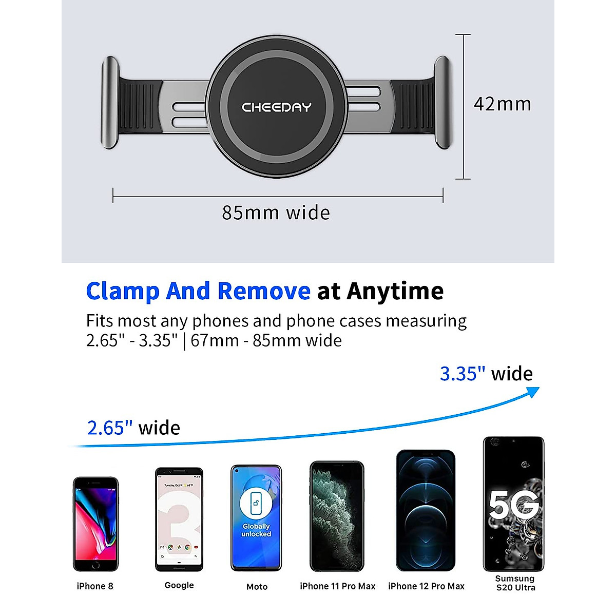 CHEEDAY Metal Phone Clamp for Magnetic Car Mount, [Clip & Remove at Anytime] Durable Metal Phone Clip for Most Magnet Phone Holder Compatible with iPhone 12 13 14 Pro Max, Samsung and More, Gray