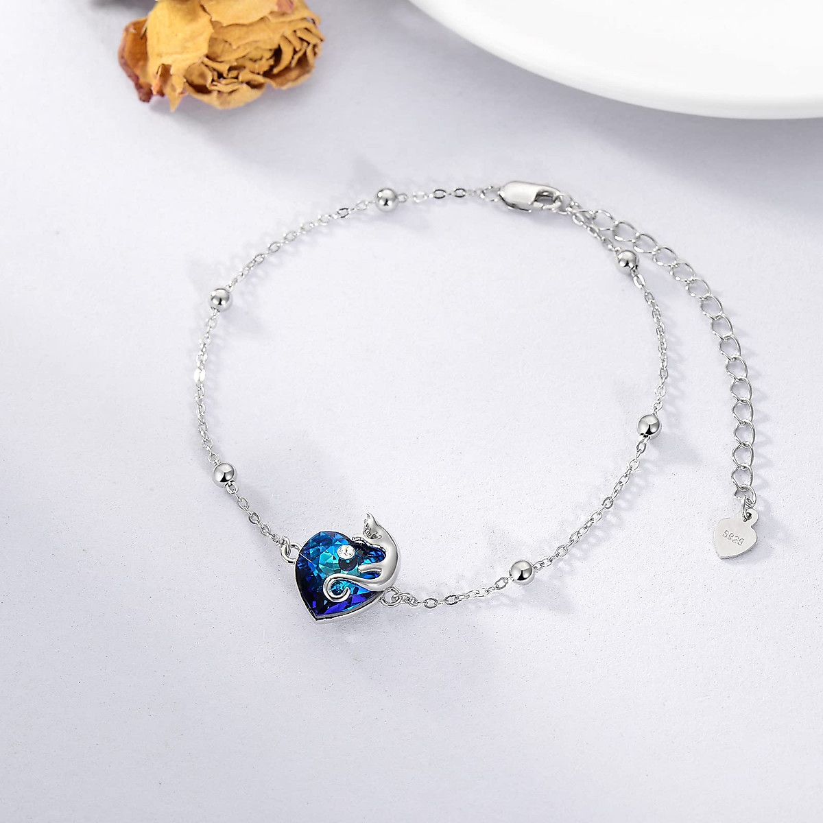 AOBOCO Cat Bracelet for Women Sterling Silver Cute Cat Jewelry with Blue Sapphire Heart Crystal from Austria, Cat Jewelry Gifts for Women Cat Lovers