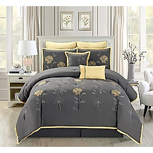 Grand Linen 7 Piece Modern Oversize Grey with Yellow Sunflower Embroidered Comforter Set Queen Size Bedding