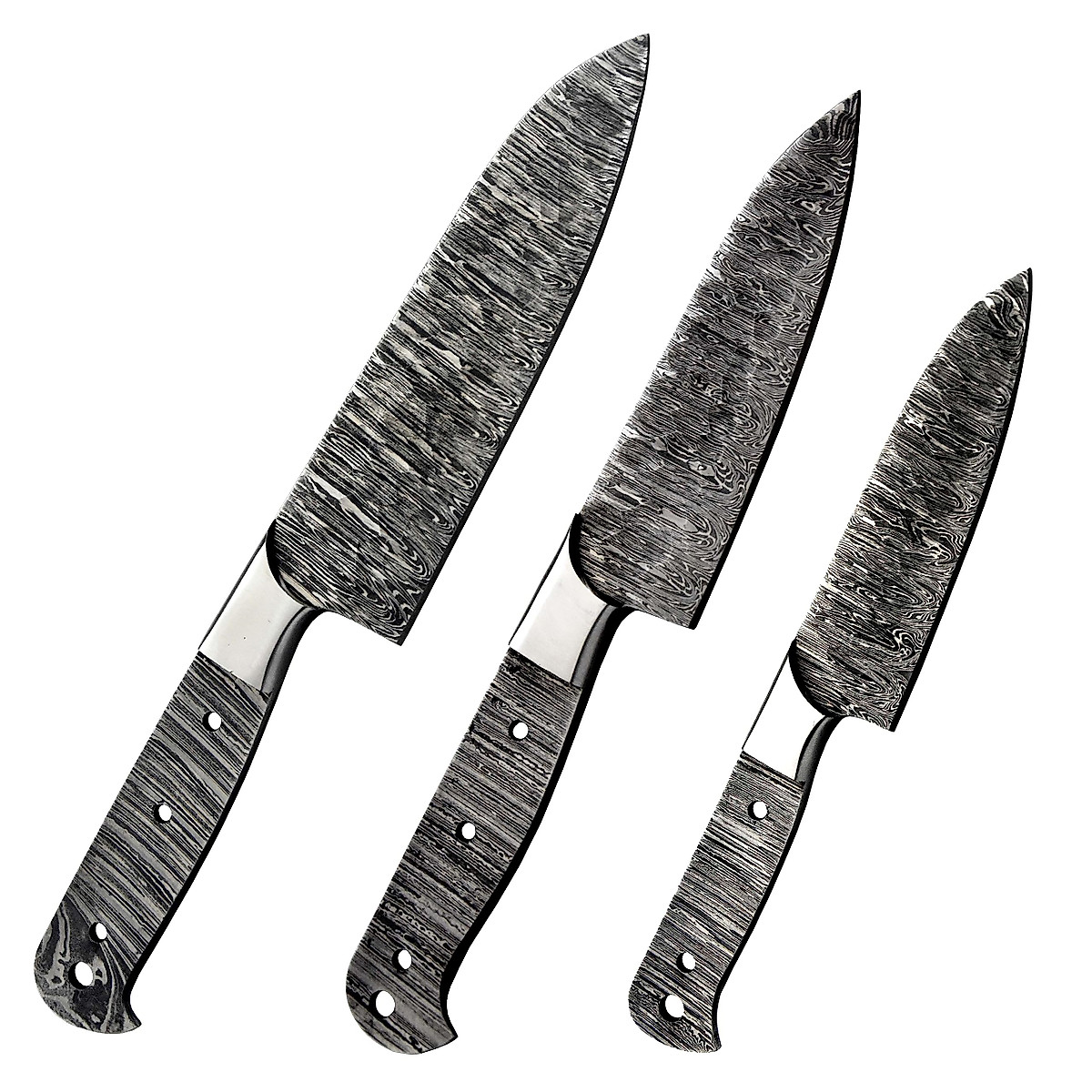 Hercules Knives Custom 3Pcs Set Of Chef Knife - Kitchen Knife Hand Forged Hammered Damascus Steel Blank Blade Handmade Knife Making Supply (STEEL BOLSTER)