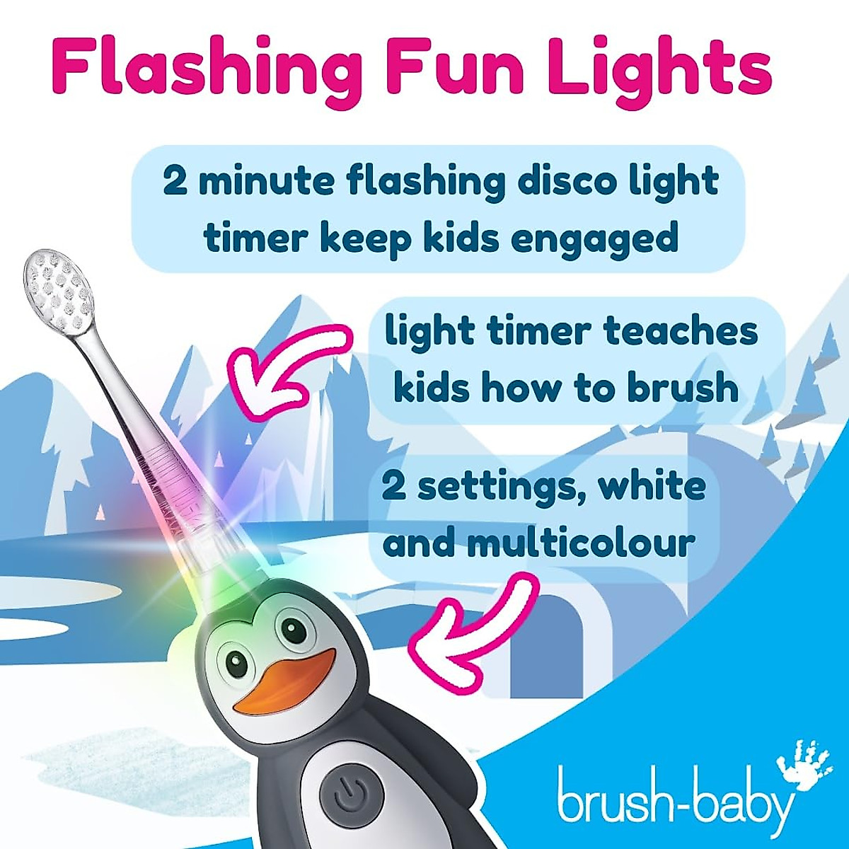 brush-baby WildOnes Kids Electric Rechargeable Toothbrush Penguin, 1 Handle, 3 Brush Heads, USB Charging Cable, for Ages 0-10 (Penguin)