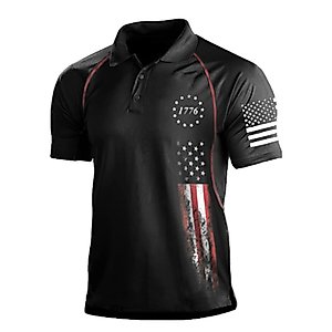 HARGLESMAN Men's Quick Dry Performance Short Sleeve Tactical Patriotic Polo T Shirt Tops Summer 1776 Printed Sports Casual Tees for Golf Tennis Paintball Activewear Black L