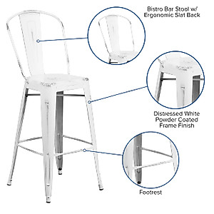 EMMA + OLIVER Commercial Grade 30" H Distressed White Metal Indoor-Outdoor Barstool w/Back