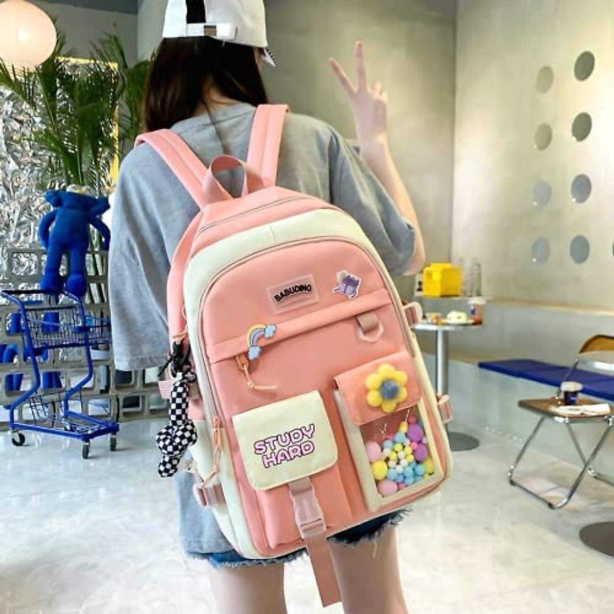 5Pcs Kawaii Backpack Set for School, Cute Aesthetic Backpack with Kawaii Pin and Accessories Bookbags for School Teens (Pink1)