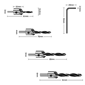 Countersink Drill Bit Set, 4Pcs Woodworking Chamfer High Speed Steel Countersink Drill Bits 3 4 5 6 mm with L-Shape Hex Wrench