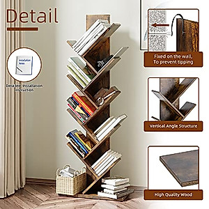 Shintenchi 9 Tier Tree Bookshelf, Bookcase Wooden Shelves, Display Floor Book Shelf Space Saver for Living Room, Home Office, Bedroom, Rustic Brown