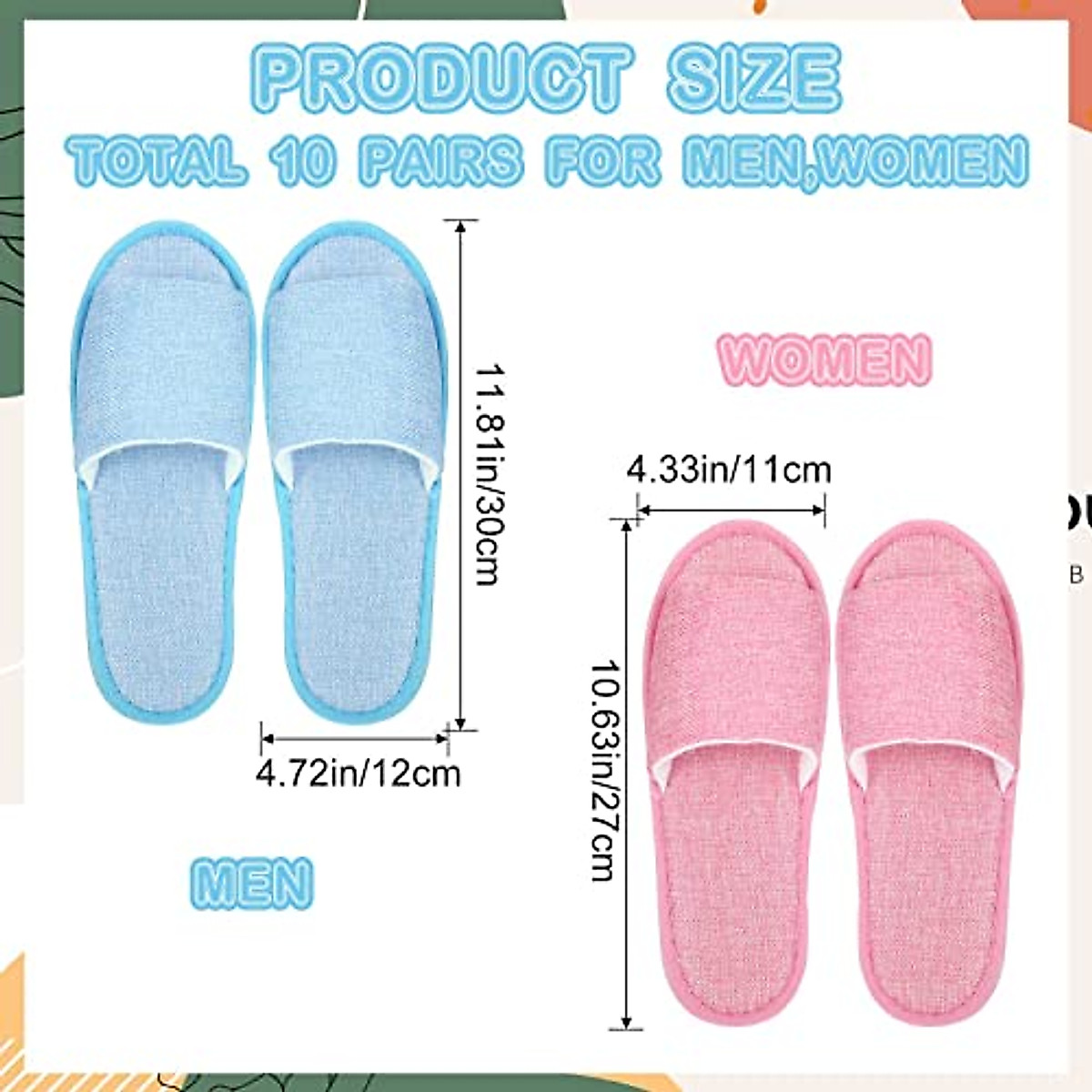 10 Pairs Washable House Slippers for Guests Open Toe Spa Slippers Women Men Soft Disposable Slippers Cotton Linen Hotel Slippers Bulk Non Slip Breathable for Indoor Travel Bedroom Party (Pink, Blue)