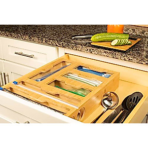 Shaw Limited Ziplock Bag Organizer - Bamboo, 6 in 1 Wrap Dispenser with Cutter, Perfect for Gallon, Quart, Sandwich & Snack Bag, Cling Film, Aluminum Foil etc; Compatible with 12" Kitchen Rolls