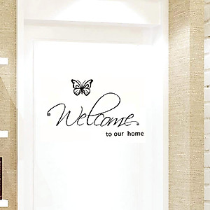 BIBITIME Flying Black Butterfly Saying Welcome to Our Home Front Door Sign Decal Vinyl Letters Quotes Stickers for Christmas Living Room Porch Garden,DIY 27.95" x 10.23"