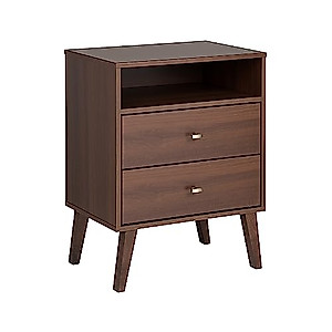 Prepac Milo Mid-Century Modern 2 Drawer Nightstand with Open Shelf, Bedside Table, Contemporary Bedroom Furniture, 16"D x 22.5"W x 29.5"H, Cherry