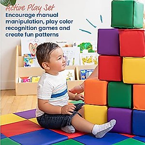 ECR4Kids SoftZone Patchwork Activity Mat and Toddler Blocks, Beginner Playset, Assorted, 13-Piece