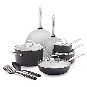 GreenLife Pro Hard Anodized Healthy Ceramic Nonstick, 12 Piece Cookware Pots and Pans Set, PFAS-Free, Dishwasher Safe, Oven Safe, Grey