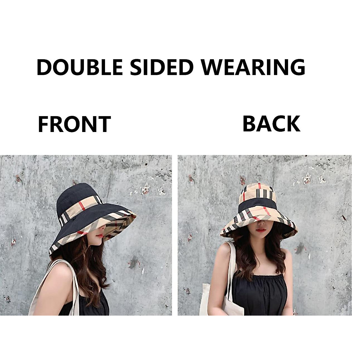 RUINUO Womens Plaid Bucket Hats Wide Brim Sun Hat Double Sided Windproof Summer Beach Hats for Fishing Hiking Travel Golf Beige