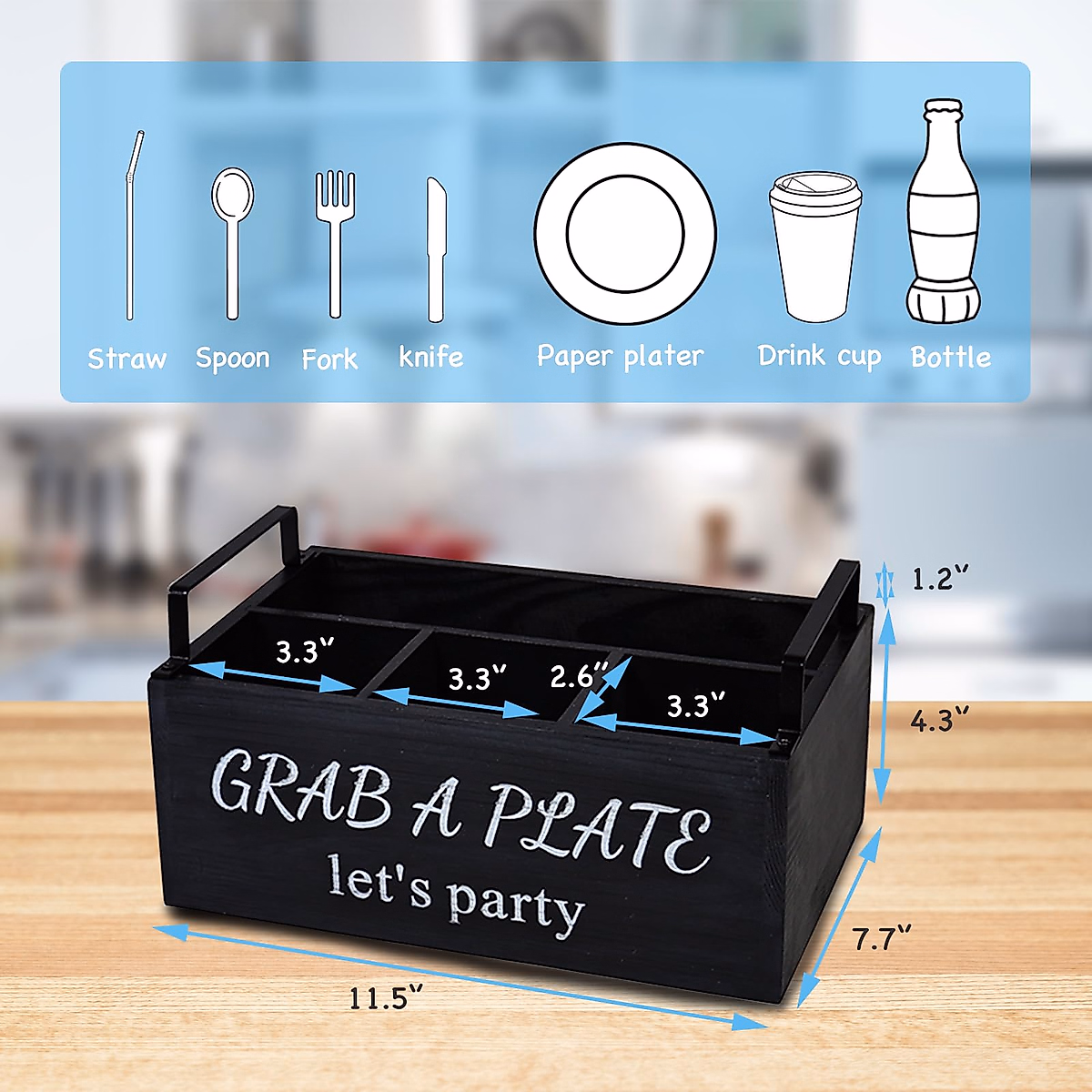 Paper Plate Holder, Utensil Caddy Organizer, Wood Paper Plate Dispenser, Silverware Caddy Holder, and Disposable Coffee Bar Accessories Box for Kitchen Counter, Party, Camping, Picnic (4 Compartment)