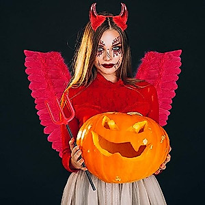 MOVINPE Red Devil Halloween Costume Accessories Set, Infernal Feather Wings Devil Horns Headband Trident Self Adhesive Face Gems Jewels Wound Tattoos for Girls Woman Cosplay Party