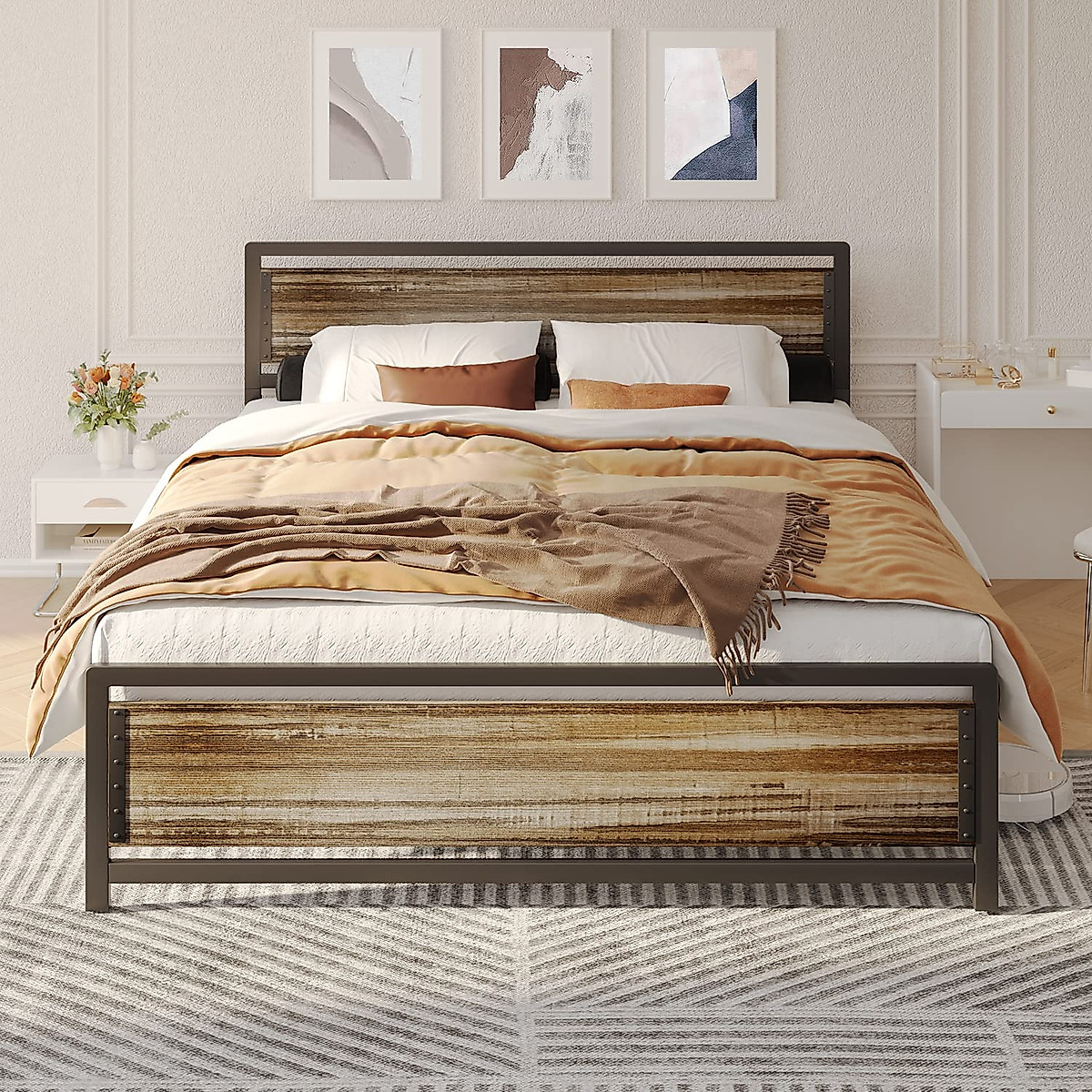 Gizoon Queen Metal Platform Bed with Wooden Headboard, 15 Inch Iron Slats, Large Under-Bed Storage, No Noise, No Box Spring Needed, Easy Assembly, Grey