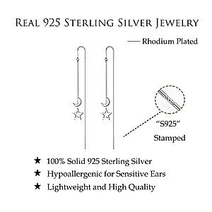 Reffeer Solid 925 Sterling Silver Moon Star Threader Dangle Earrings Chain for Women Teen Girls Long Dangle Earrings Tassel Chain (A-Silver)
