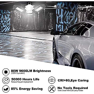 OOOLED 2 Pack LED Garage Lights, 80W LED Garage Lighting, Deformable LED Garage Lights Supporting E26 Screw Socket, 9600LM 6500K Super Bright White, LED Lights for Garage, Workshop, Basement