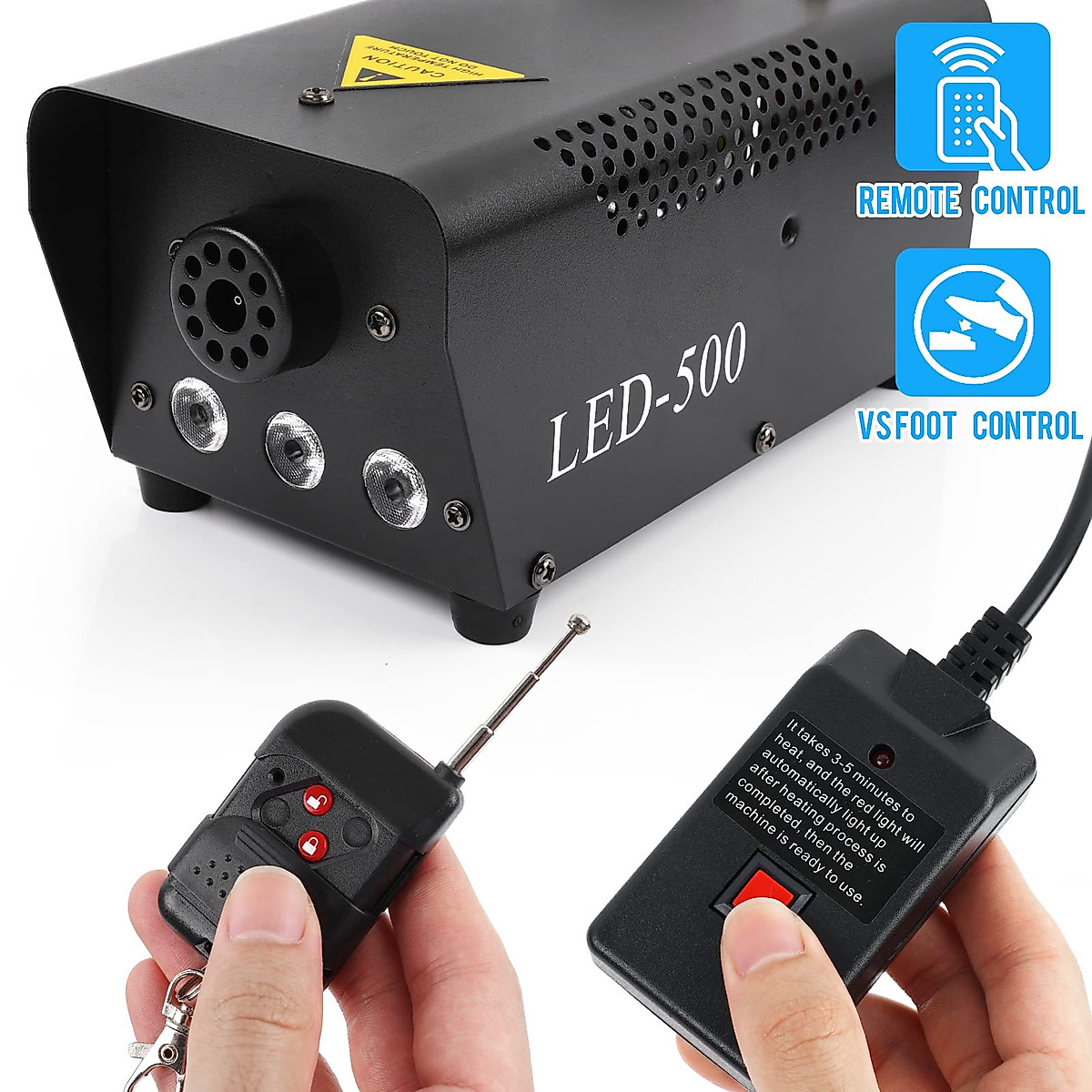 Fog Machine, Vangoa 500W Fog Smoke Machine with 3 LED Lights, 3000CFM Fog Disinfection with Wired Receiver and Wireless Remote Control, Perfect for Wedding Halloween Christmas Party Stage Effect