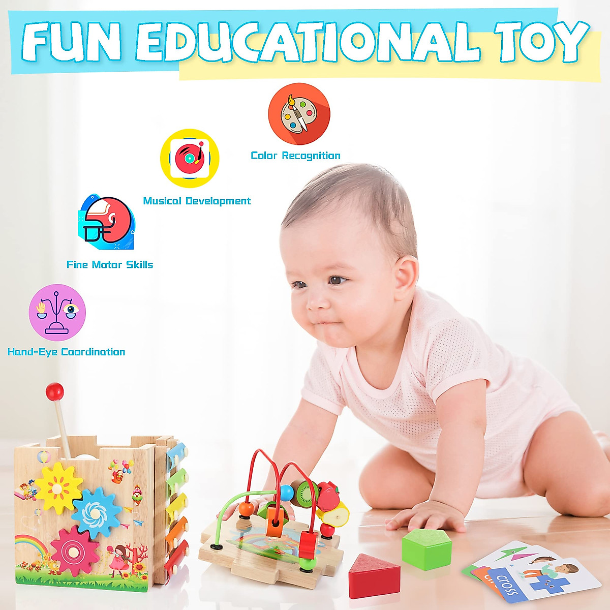 Bravmate Wooden Activity Cube | 8-in-1 Montessori Toys for 1 Year Old Toddlers Educational Toys for Boys Girls