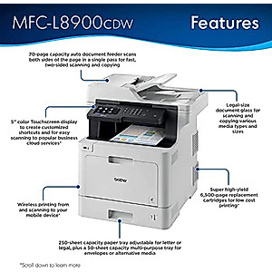 Brother Color MFC-L8900CDW Wireless All-in-One Laser Printer for Home Office - Print Copy Scan Fax - 33 ppm, 2400 x 600 dpi, 5" Touchscreen LCD, Duplex Printing, 70-Sheet ADF, NFC, Ethernet
