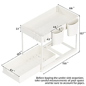 BEWAVE Under Sink Organizers and Storage, 2 Tier Under Sliding Cabinet Storage with Hooks and Basket, Multipurpose Under Sink Rack for Bathroom Kitchen Countertop Laundry, 1 Pack, White