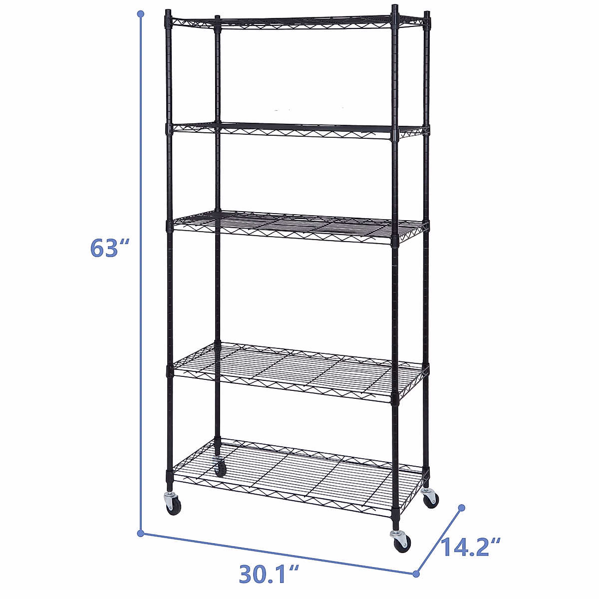 JupiterForce 5-Shelf Adjustable, Heavy Duty Storage Shelving Unit with 4 Wheel Casters, Metal Organizer Wire Rack for Kitchen, Office, Garage, Black (30L x 14W x 62H)