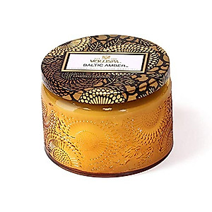 Voluspa Baltic Amber Candle | Petite Embossed Glass Jar | 3.2 Oz. | 25 Hr Burn Time | Vegan | Coconut Wax and Natural Wicks for Clean Burning