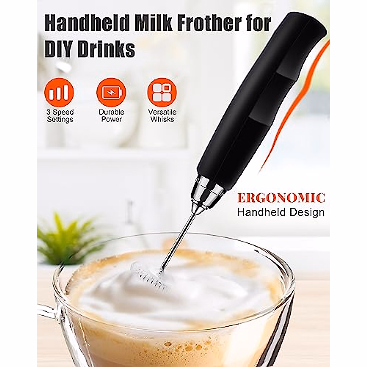 ODIFORGO Milk Frother Handheld, USB Rechargeable Electric Whisk 3 Speed Adjustable, Coffee Frother Wand with 3 Stainless Whisks, Egg Beater, Drink Mixer Blender for Coffee Latte Cappuccino Matcha