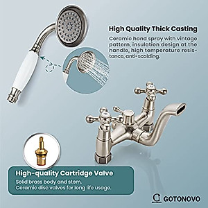 gotonovo Deck Mount Tub Bathtub Faucet Clawfoot with Handheld Shower 6 Inch Brushed Nickel Telephone Shaped Sprayer Showerheld Double Cross Handle