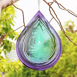 Kexsscai Wind Spinner Garden Indoor Outdoor Decor 3D Stainless Steel Metal Hanging Decorations, 3D Water Droplets Pattern Metal Wind Sculptures & Spinners Whirligig Gifts with 12inch(Green&Purple)