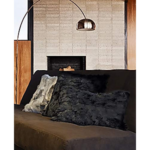 Natural Fur Throw Pillow Cover with Soft Poly Insert | Handcrafted Fluffy Decorative Pillow with Real Rabbit Fur, Black, 18 in x 18 in