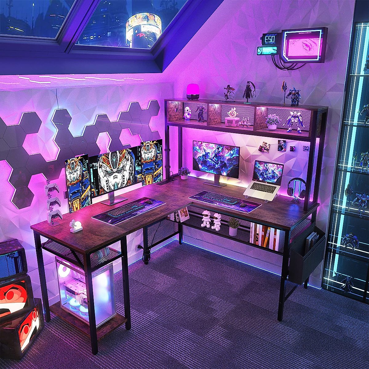 Aheaplus L Shaped Gaming Desk with LED Lights & Power Outlets, 55 Inch L-Shaped Computer Desk with Storage Shelf & Monitor Stand, Corner Desks 2 Person Reversible Desk Home Office Desk, Rustic Brown