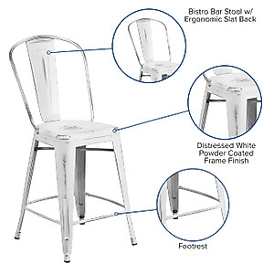 Flash Furniture Blake Commercial Grade 4 Pack 24" High Distressed White Metal Indoor-Outdoor Counter Height Stool with Back