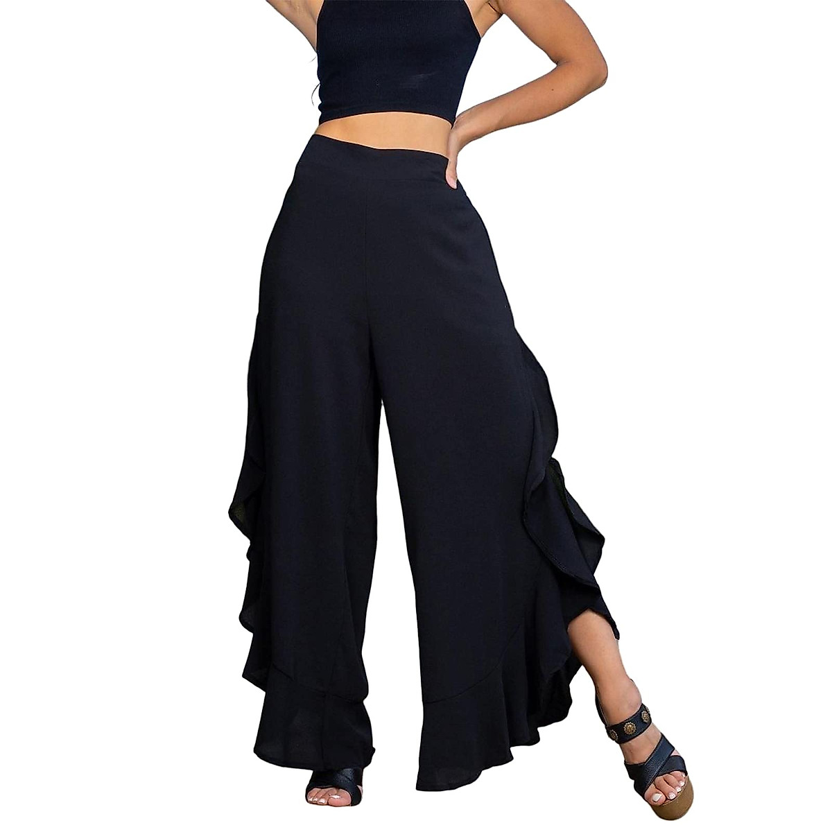 ENOPINK Women's Boho Elastic High Waisted Ruffle Hem Ruched Solid Loose Fit Wide Leg Palazzo Pants(Black XL)