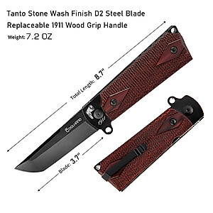 Cool Hand Heavy Duty EDC Folding Knife, Ball Bearing Survival Hunting Knives, 3.6" Tanto Stone Wash Finish D2 Steel Blade, 4.9'' Replaceable 1911 Wood Grip Handle, Liner Lock Mechanism
