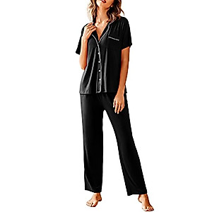 Avidlove Womens Comfort Pajama Set Short-Sleeve with Long Pjs Pants Soft Sleepwear,Large,Black Pj